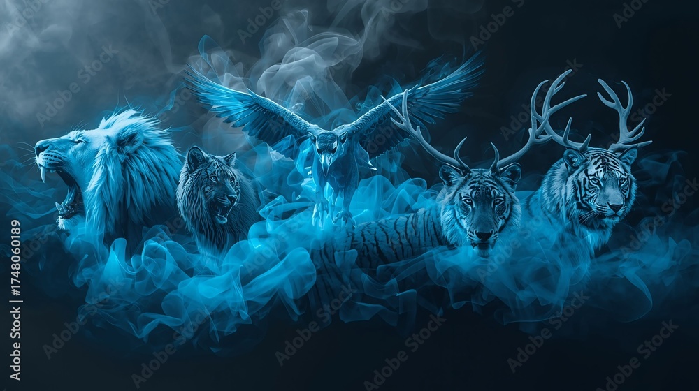 Mystical blue smoke forming powerful spirit animals, including a lion ...