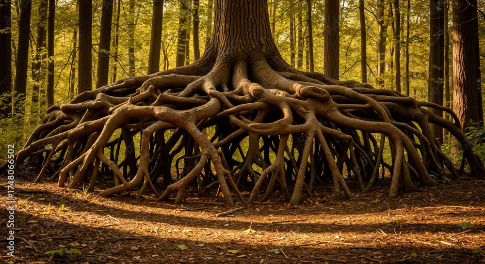 Massive tree with extensive root system exposed above ground in forest ...