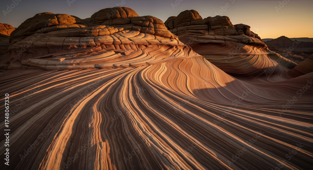 Layered sandstone rock formations with wave patterns in desert ...