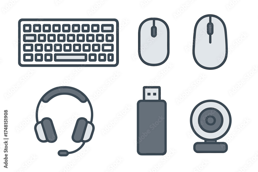 Collection of essential computer peripherals including keyboard, mouse ...