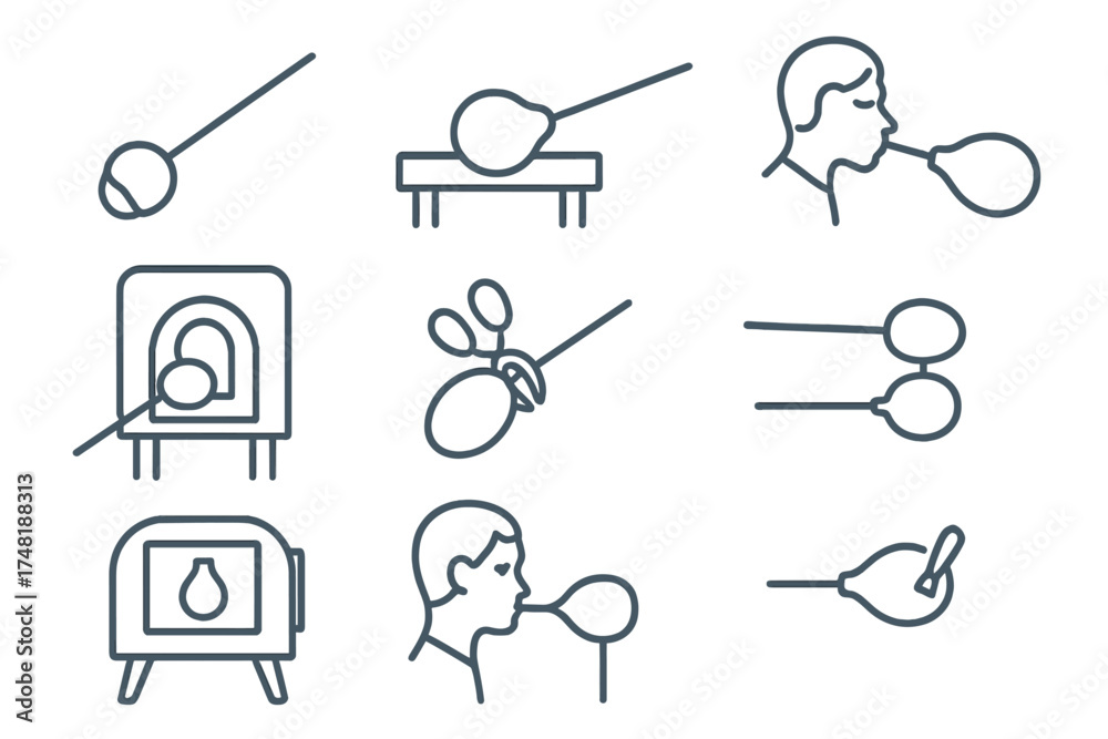 Glassblowing Icon Steps. Line style icons of glassblowing process steps ...
