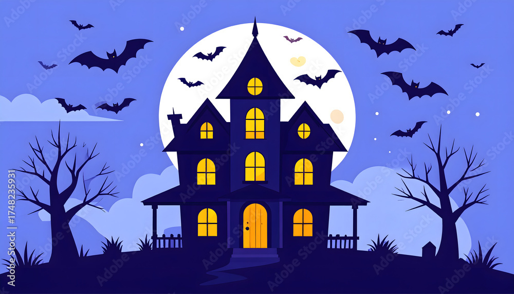 Spooky haunted house with glowing windows under a full moon and flying ...