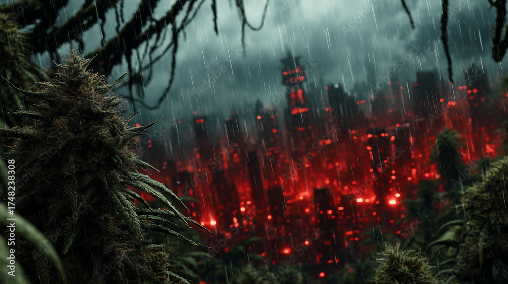 Rain falls over a glowing red futuristic city, with dense cannabis ...