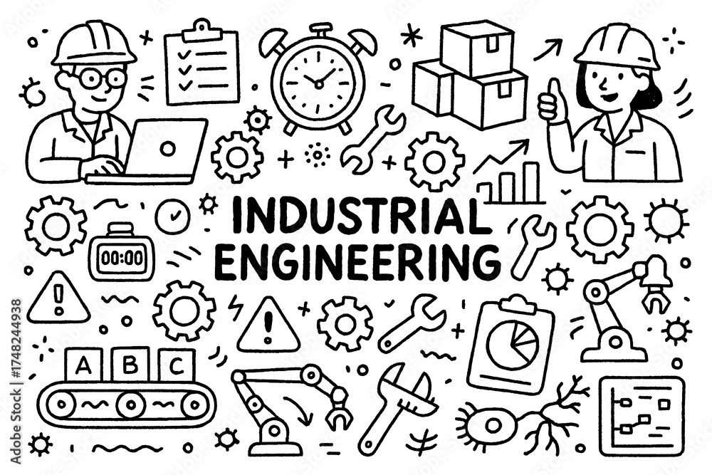 Industrial engineering doodle with factory, tools, and process ...
