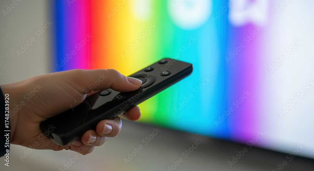 Person using modern remote control with finger pressing button in front ...