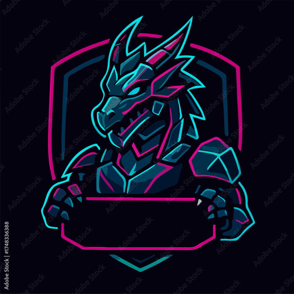 Image vectorielle Stock NEON CYBER DRAGON SHIELD MASCOT LOGO VECTOR ...