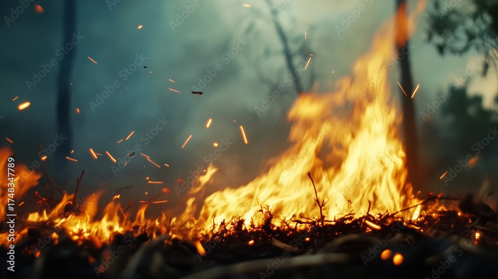 Raging wildfire consumes forest floor dense woodland action scene fiery ...