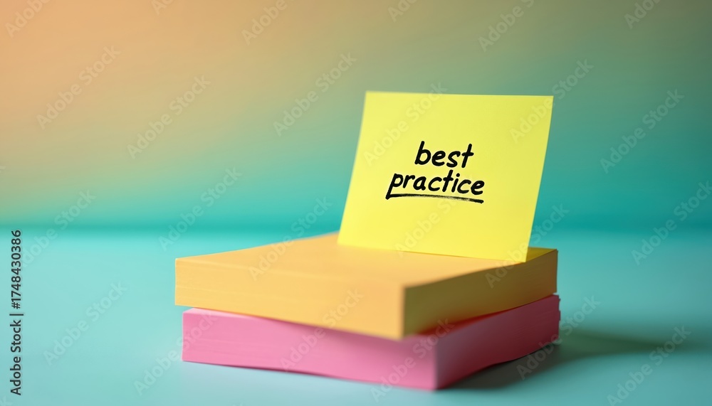 Yellow sticky note with text best practice rests on stack of memo ...