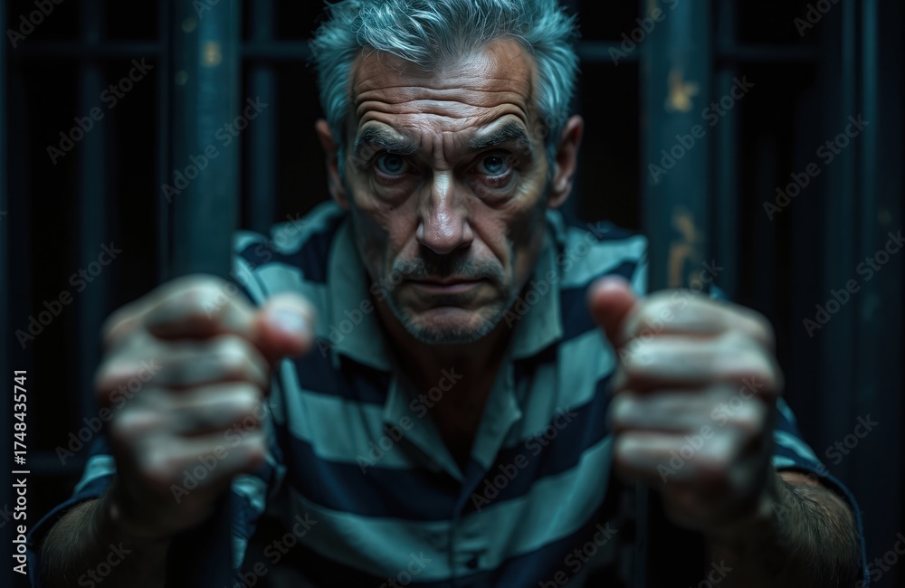 Desperate prisoner grips jail bars, gray hair, sad blue eyes, striped ...