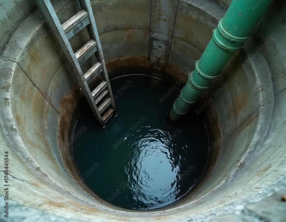 Inside industrial plant grease trap. Concrete pit holds dark water ...