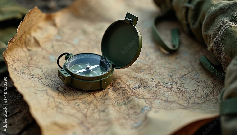 Compass on map shows direction for exploration. Military style device ...