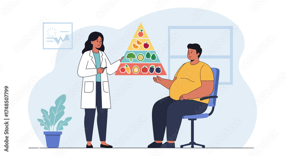 A female dietitian consults with a male patient, using a food pyramid ...