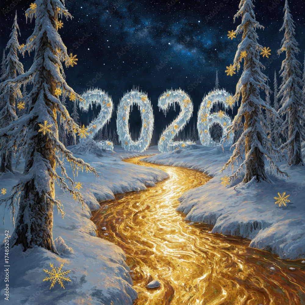 Golden river flows toward 2026 in a snowy winter wonderland underneath ...