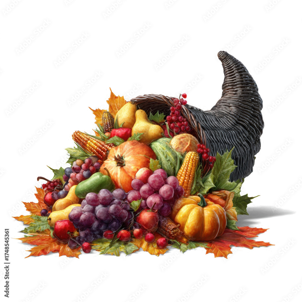 Thanksgiving cornucopia illustration filled with autumn harvest fruits ...