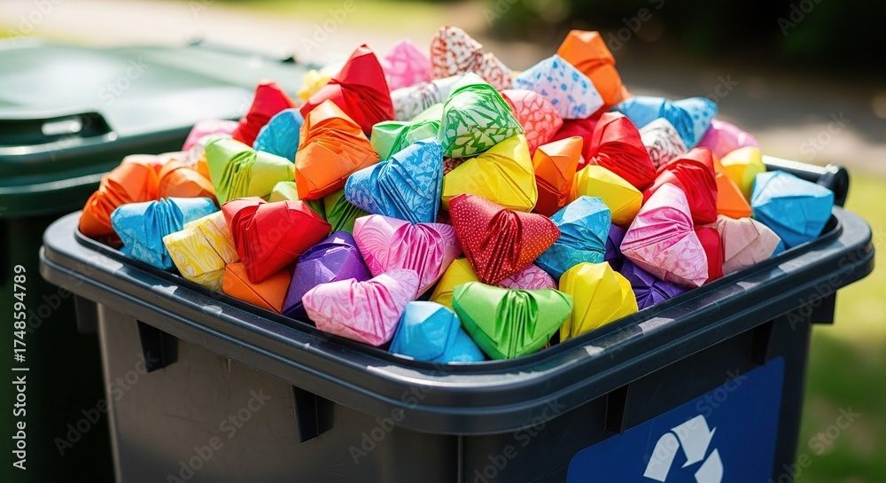 Pile of colorful origami fortune tellers overflowing from a recycling ...