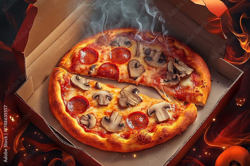 Pizza box clip art with open lid, steam lines, and pizza slices ...