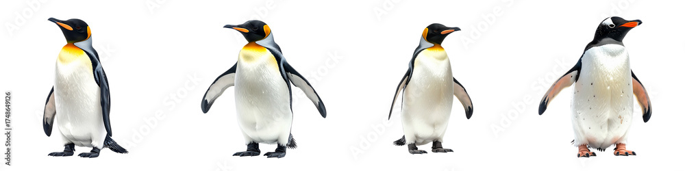 Four king penguins shown from different angles standing upright on a ...