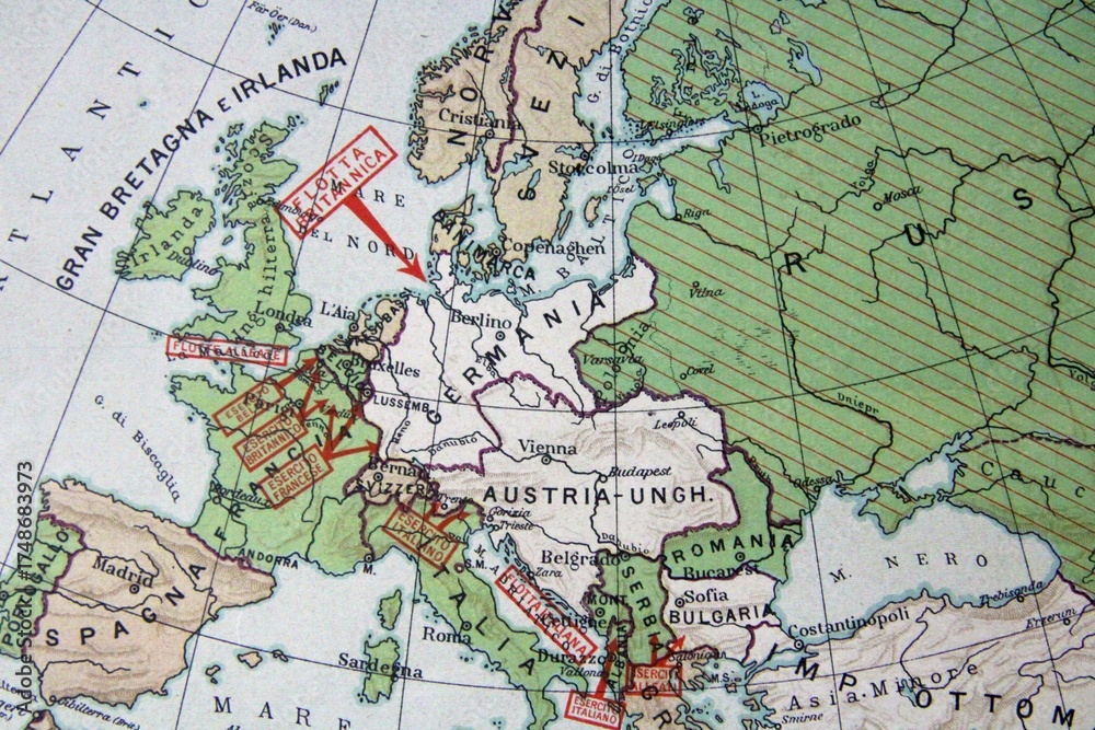 Vintage historical map of Europe during World War I, showing borders, alliances, and military ...