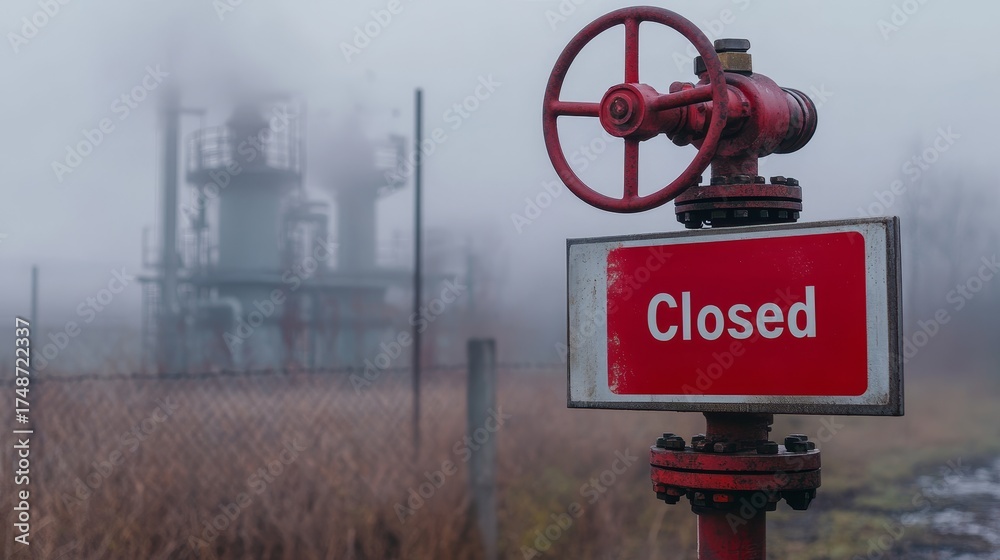 Closed Industrial Gas Pipeline Valve with Red Sign Indicating Energy ...
