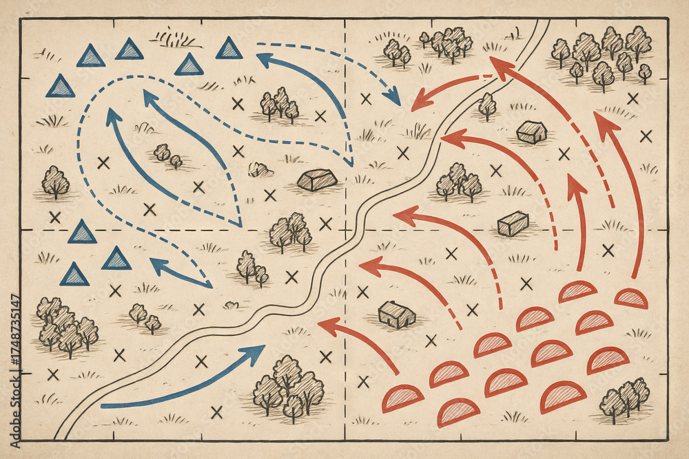 Illustrated battle scheme with strategic moves and landscapes featuring ...