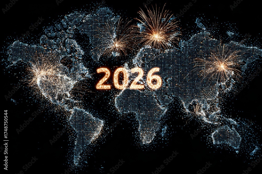 World map glowing with 2026 surrounded by fireworks bursts on ...