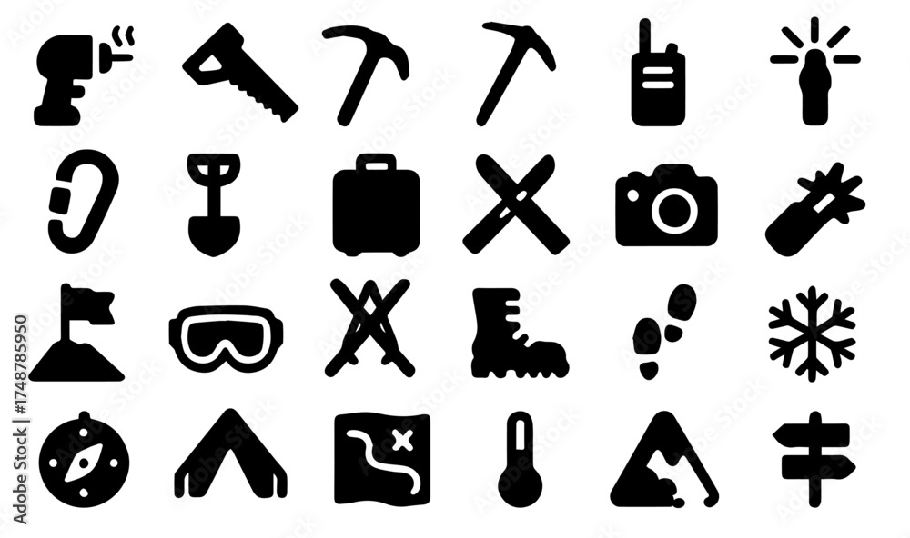 Collection of outdoor and adventure icons showing tools, equipment, and ...