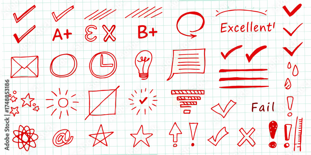 Collection of red hand drawn education and feedback icons on a grid ...