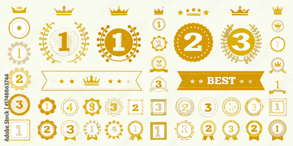 Collection of golden award badges ribbons and crowns for first second ...
