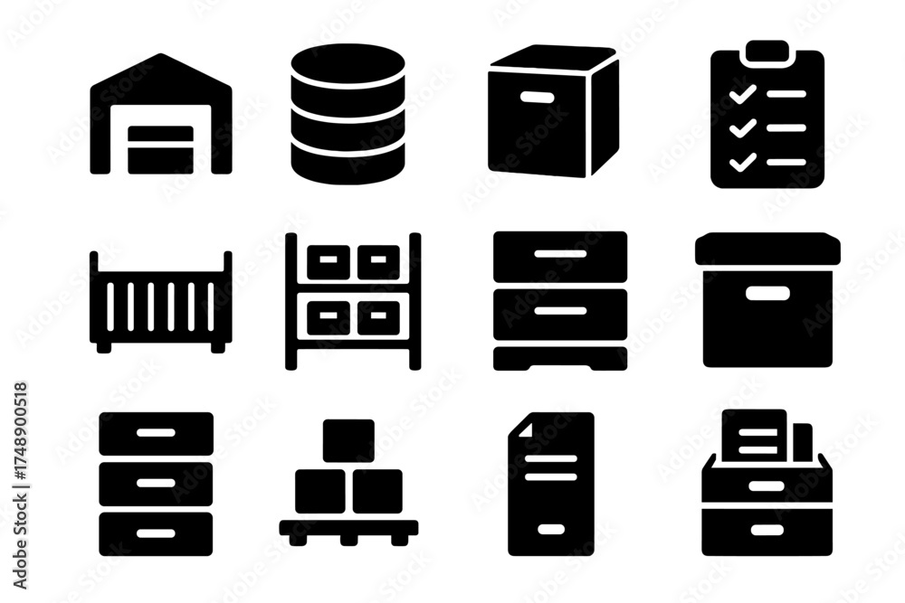 Storage icon set for logistics and inventory management. Solid glyph collection with warehouse ...