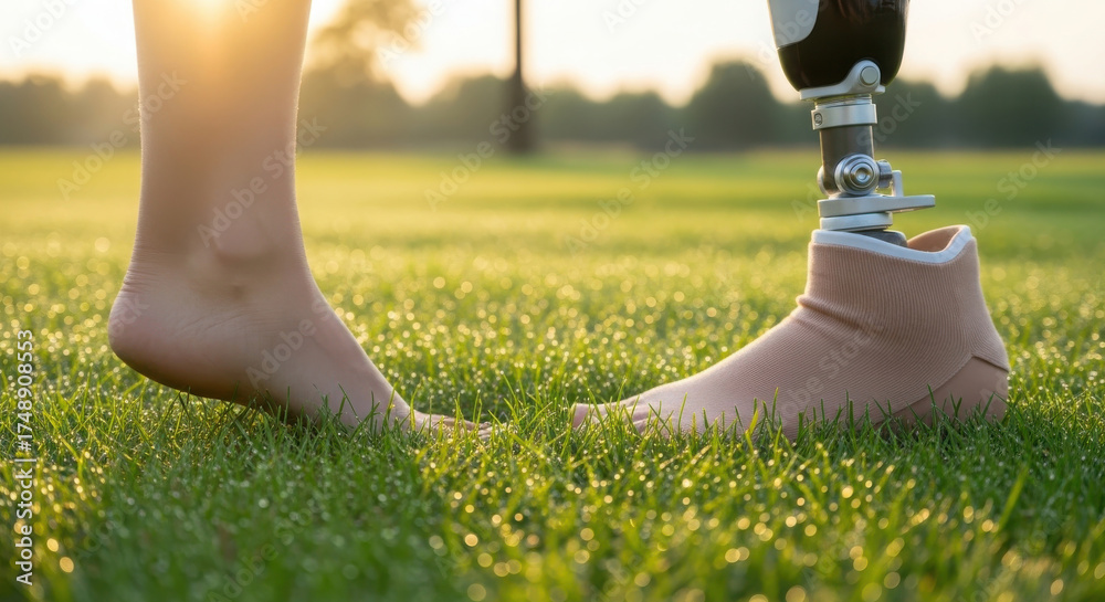 Human foot and prosthetic leg side by side on grass. Stock Photo ...