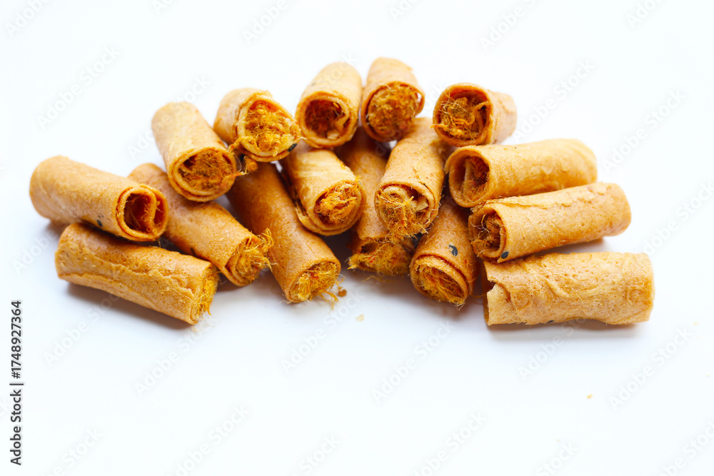 Rolled crispy wafers filled with shredded pork floss, Thai snack. Stock ...