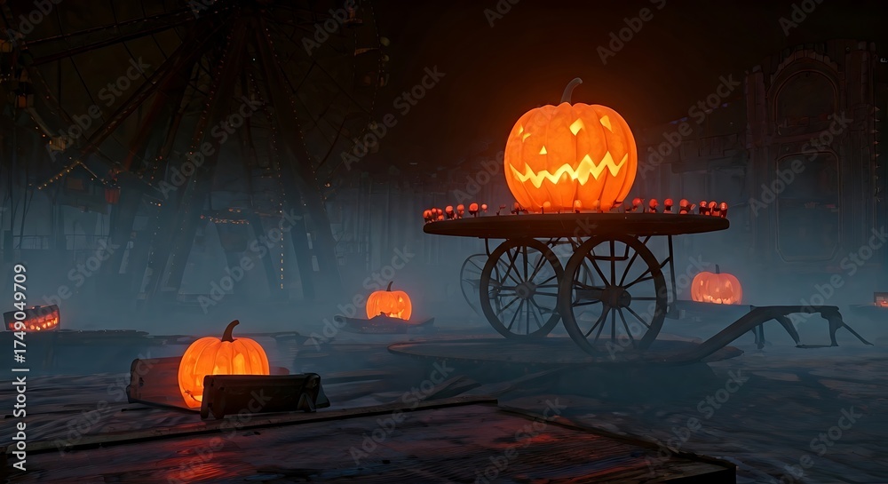 Spooky Halloween night with glowing pumpkins at abandoned amusement ...