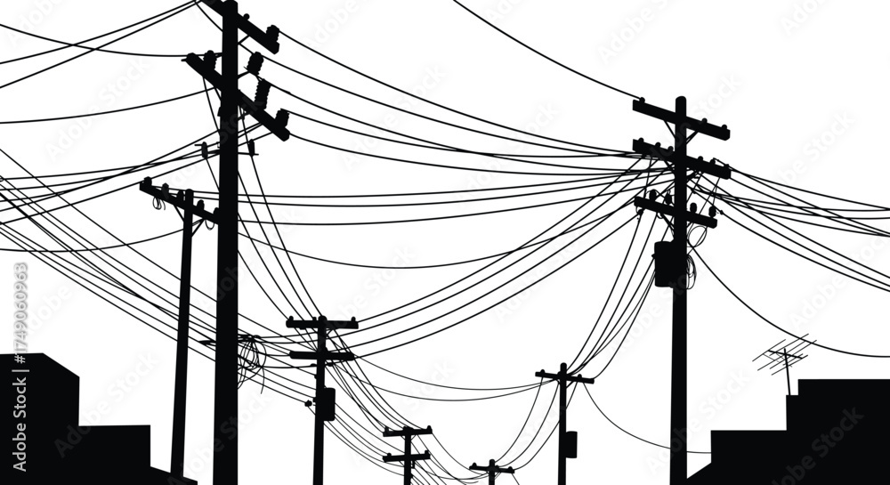 Urban utility poles, multiple power lines, overhead cables, city ...
