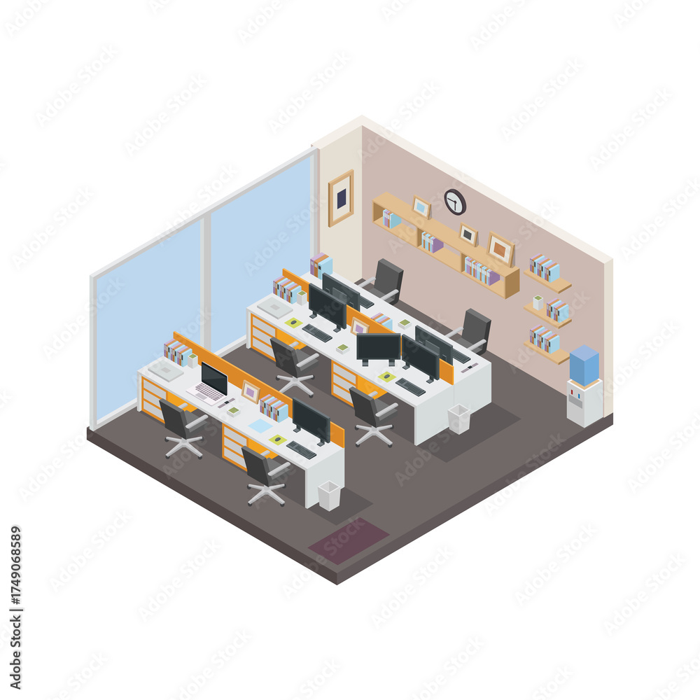 Isometric Office Interior With Multiple Workstations Featuring ...