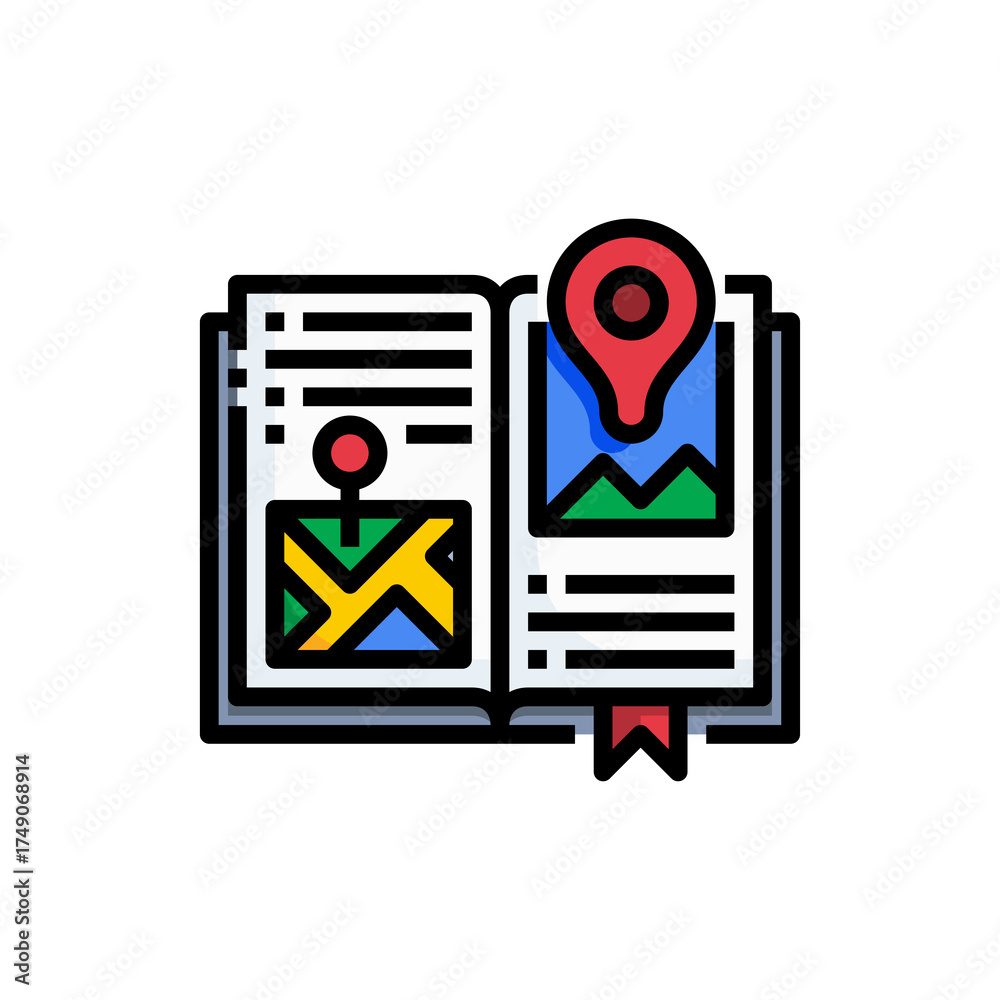 Open Book With Maps And Location Pointers Detailed Illustration Of ...