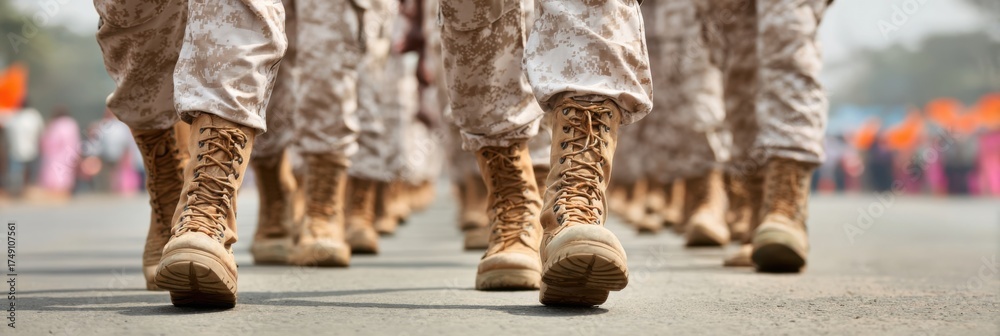 Professional Military Soldiers Marching in Synchronized Formation on ...