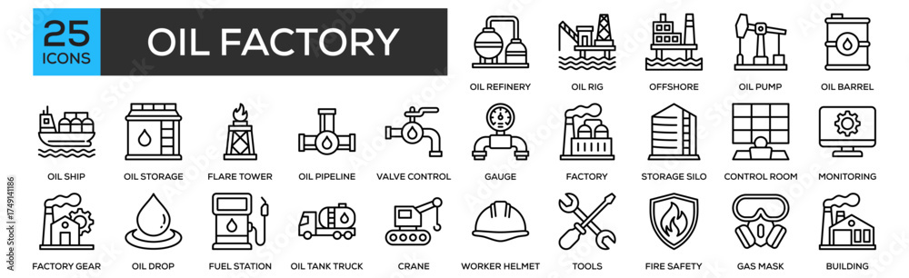 Oil Factory icon collection set. Containing design Oil Refinery, Oil ...