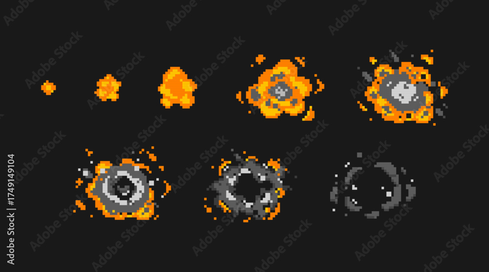 Pixel explosion sequence with orange fire and grey smoke for game ...