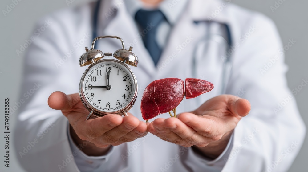 Doctor holding a liver model and alarm clock to illustrate liver ...