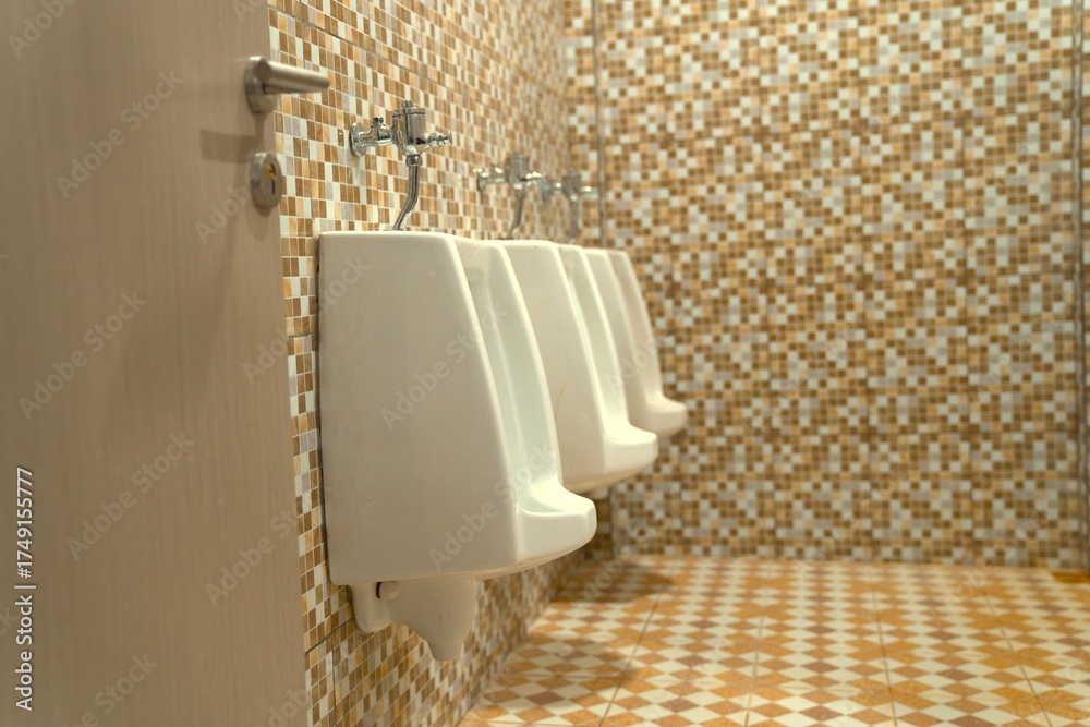 Row of ceramic urinals in a public restroom with decorative tiled wall ...