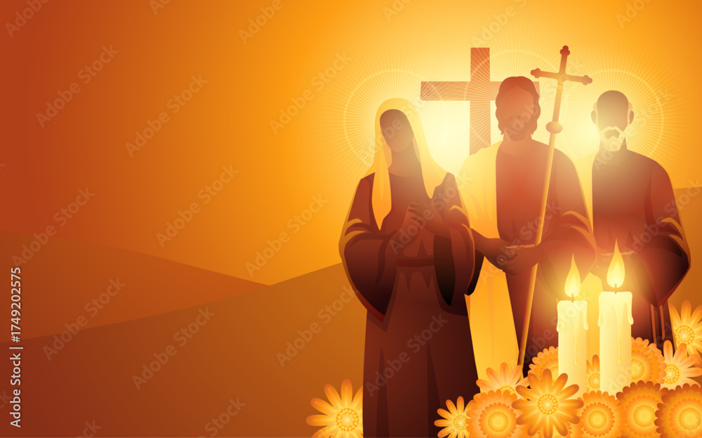 All Saints Day Illustration with Male and Female Saint Figures, Cross ...