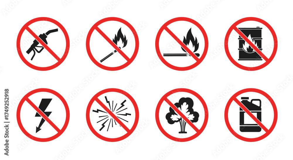 Warning signs depicting prohibited actions, including fire, fuel, and ...
