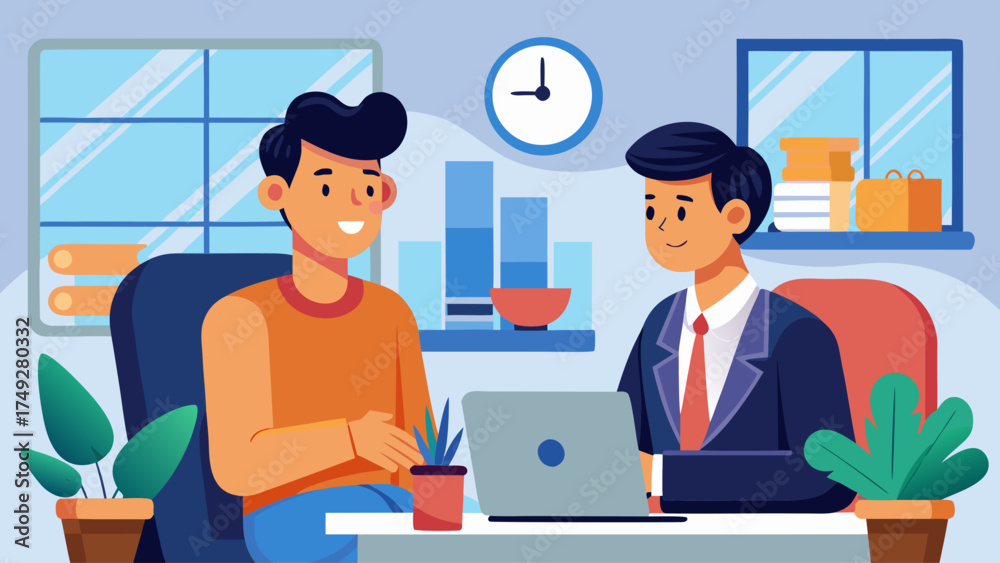 Two men are sitting at a desk with a laptop in front of them. One man ...