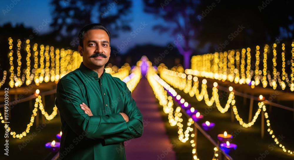 Indian man stands confidently amid a majestic, illuminated Diwali ...