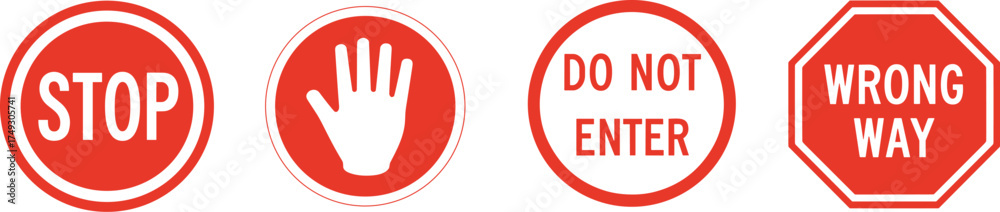 Collection of traffic signs including stop do not enter and wrong way ...