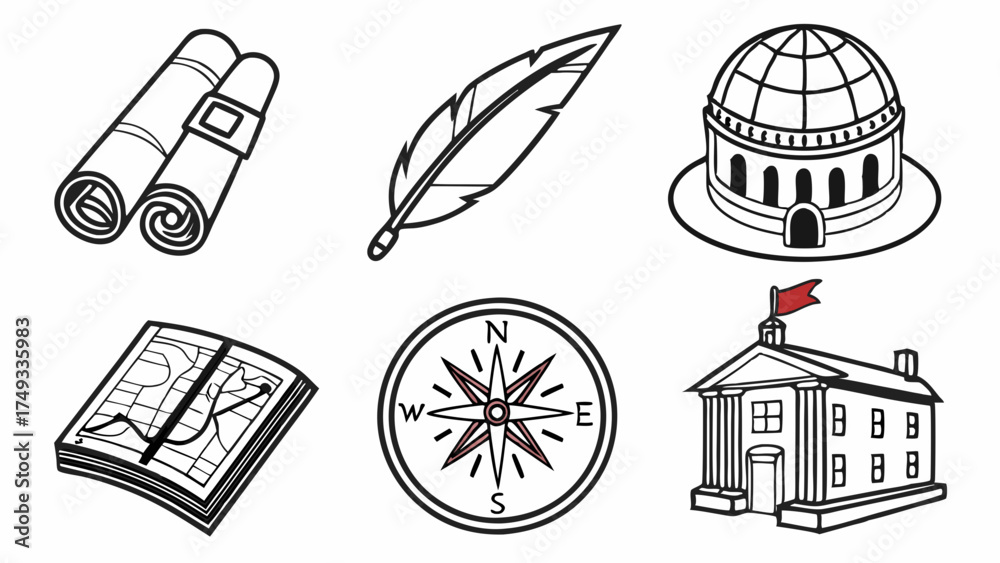 History and Geography Outline Icons. Ancient Scrolls, Quill Pen ...