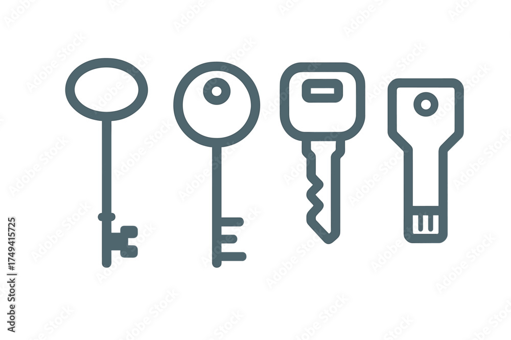 Collection of four different types of keys including house, car, and ...