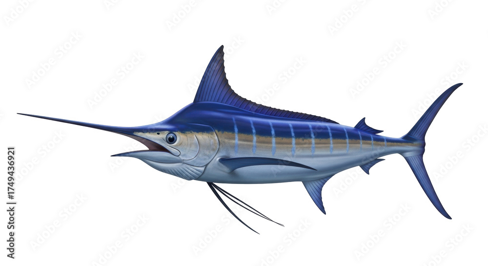 Isolated Swordfish, blue marlin with its long spear snout and fins ...