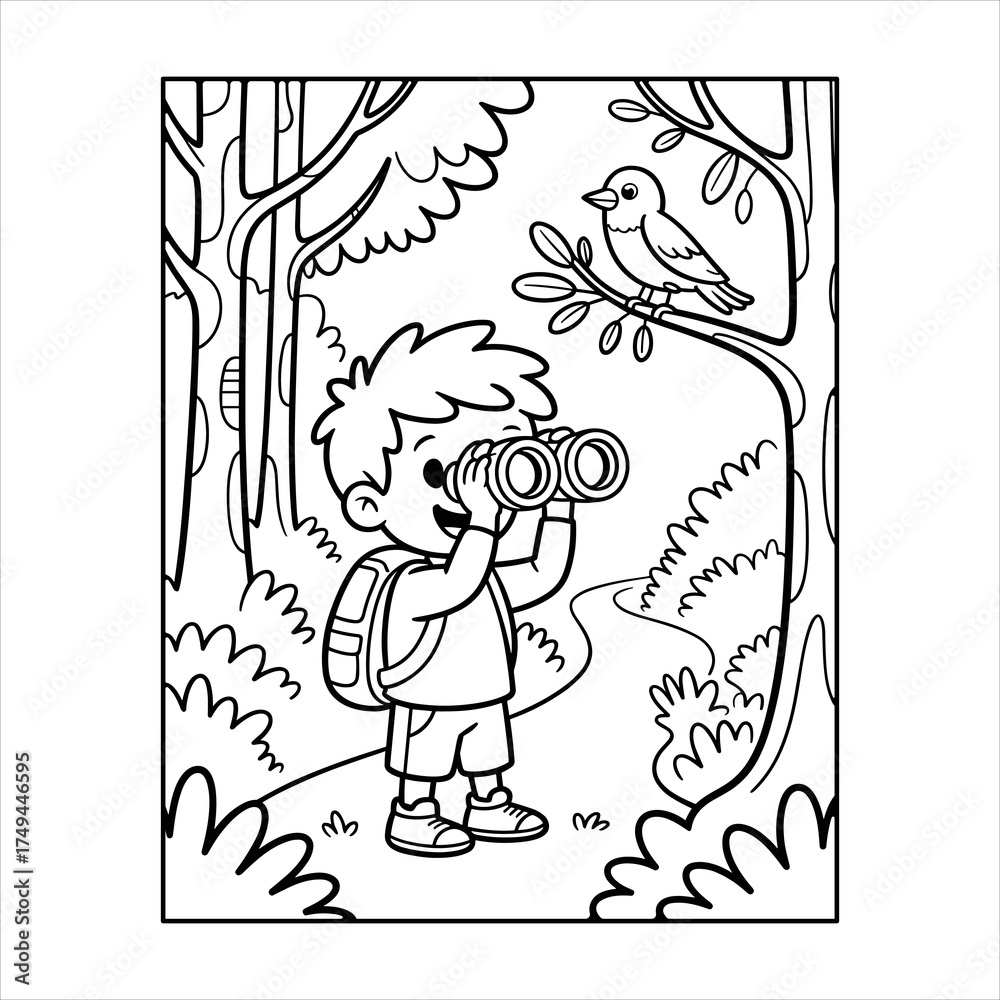 Boy Birdwatching Coloring Page, Kids Forest Adventure Vector Line Art ...