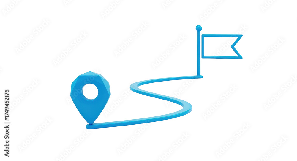 Isolated blue route with location pin and flag indicating end point ...